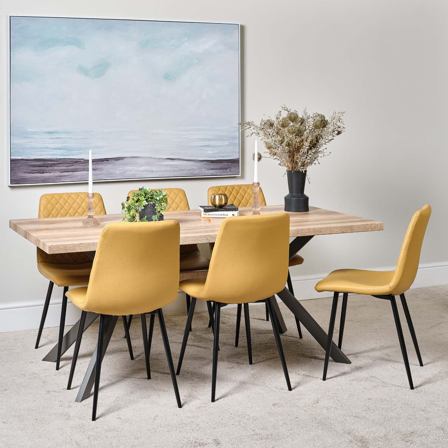 Kamala 180cm Dining Table 6 Ripley Dining Chairs Mustard