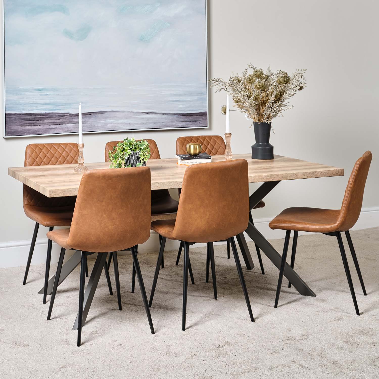 Woods Kamala 180cm Dining Table & 6 Ripley Dining Chairs - Tan - Woods ...