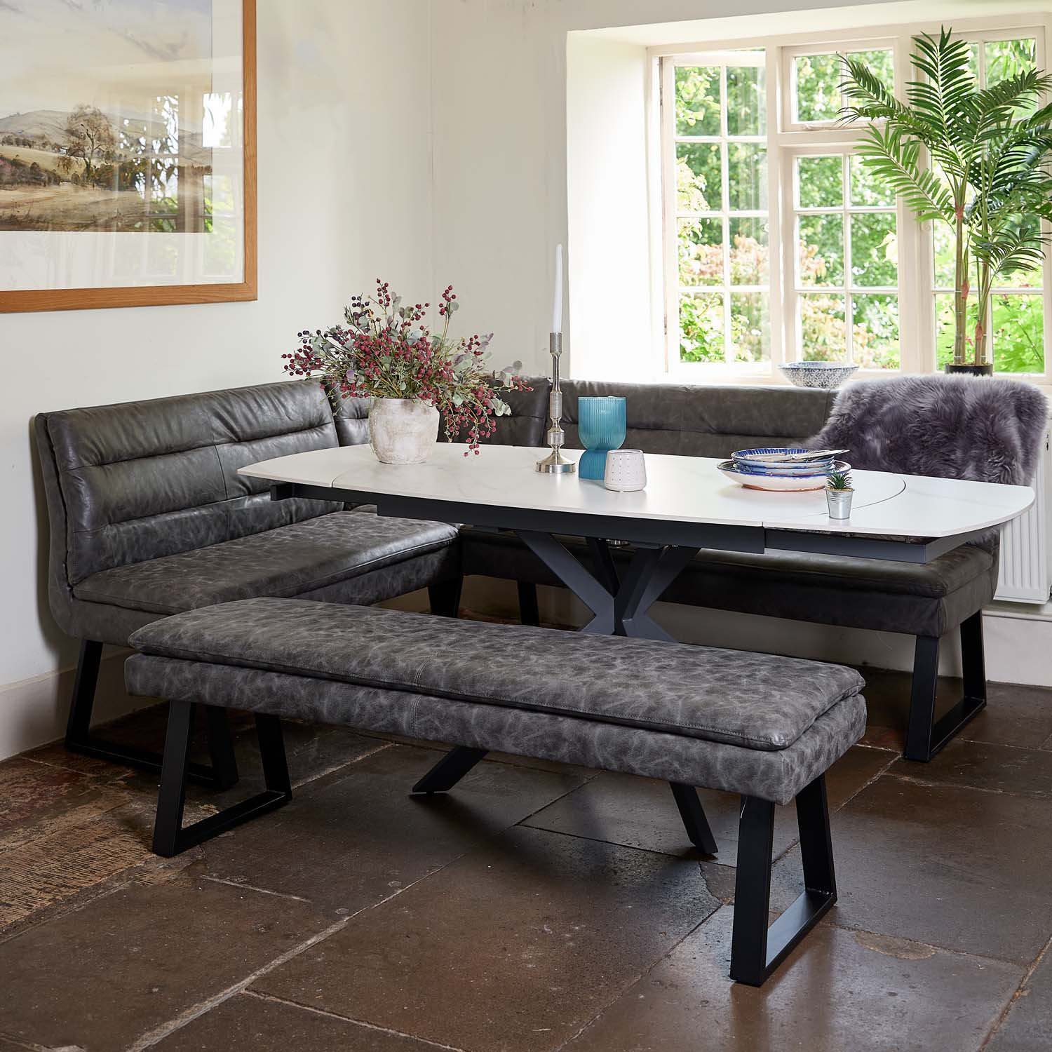 Woods Toscana White Motion Table with Industrial Corner Bench and ...