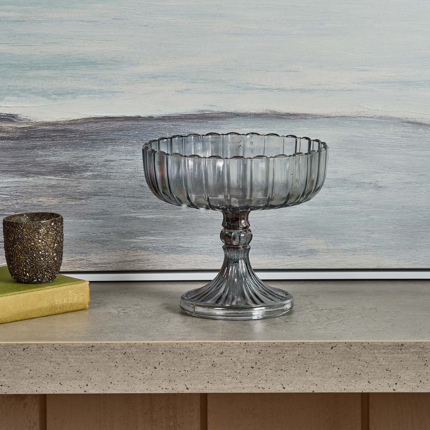Woods Glass Flat Fruit Bowl with Base in Luster Grey - Woods Furniture