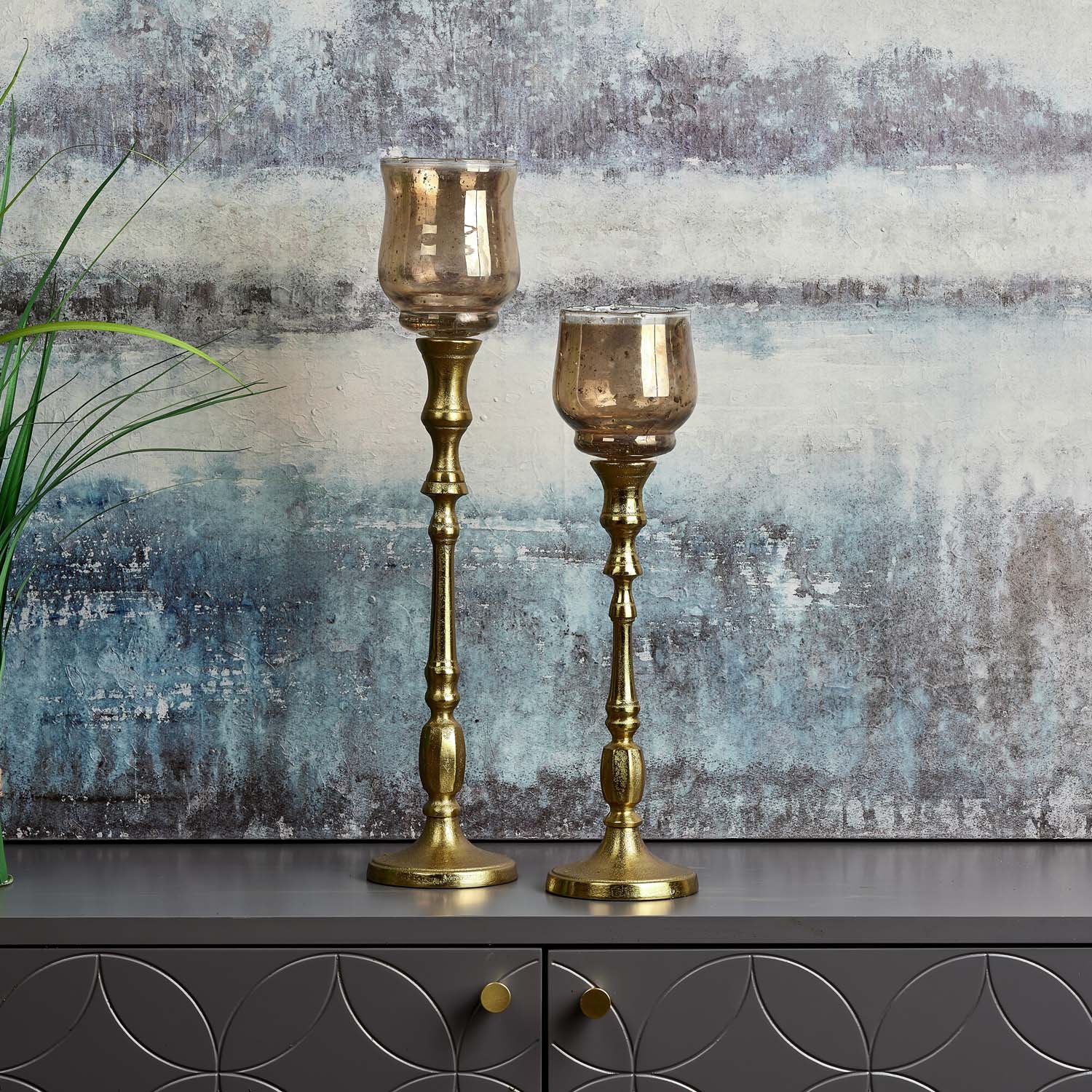 Woods Heptagon Candle Stick in Gold with Removable Chimney Bell Tealight Holder in Brown 29cm ...