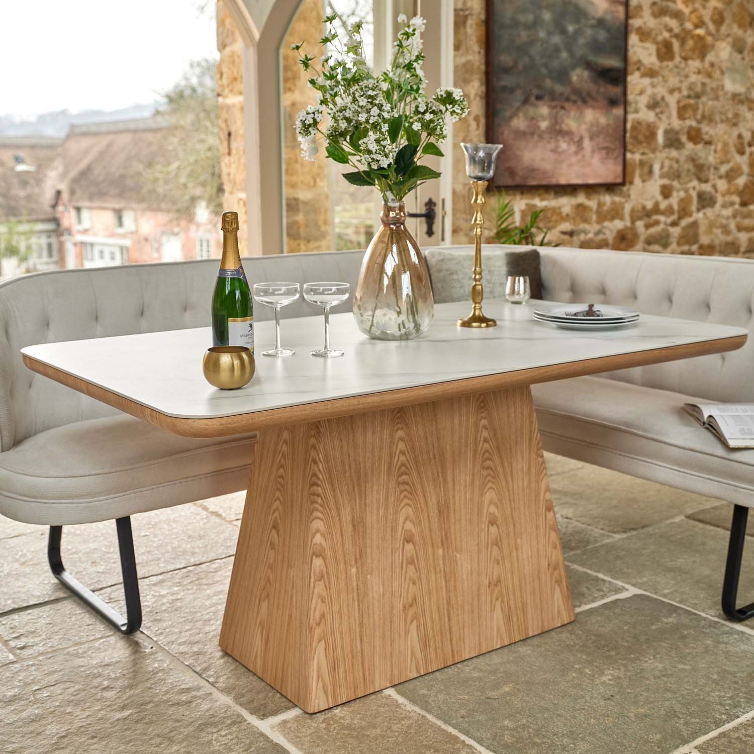 Woods Sutton 160cm Dining Table - Ash with Frampton Corner Bench RHF & 2x Frampton Chairs in ...