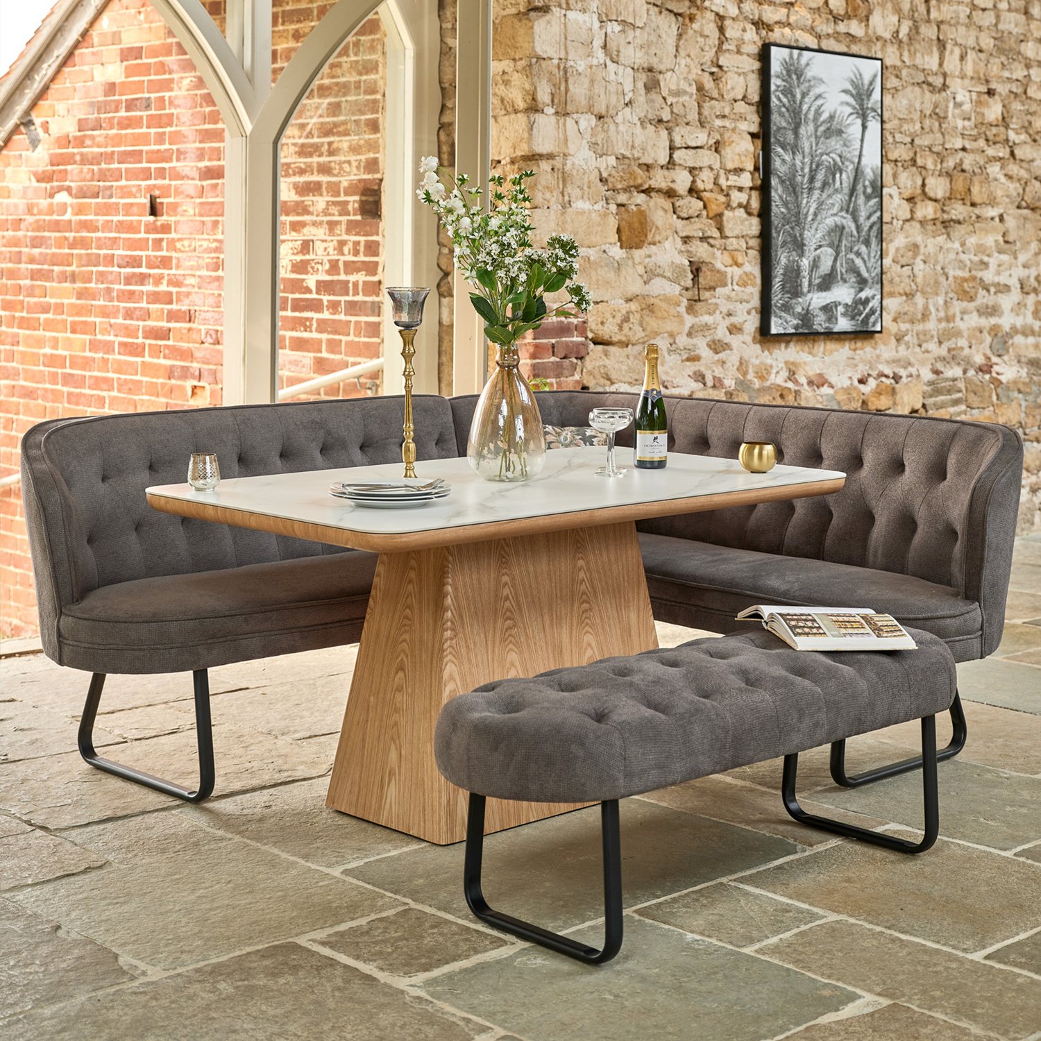 Woods Sutton 160cm Dining Table - Ash with Frampton Corner Bench LHF & Flat Bench in Anthracite ...