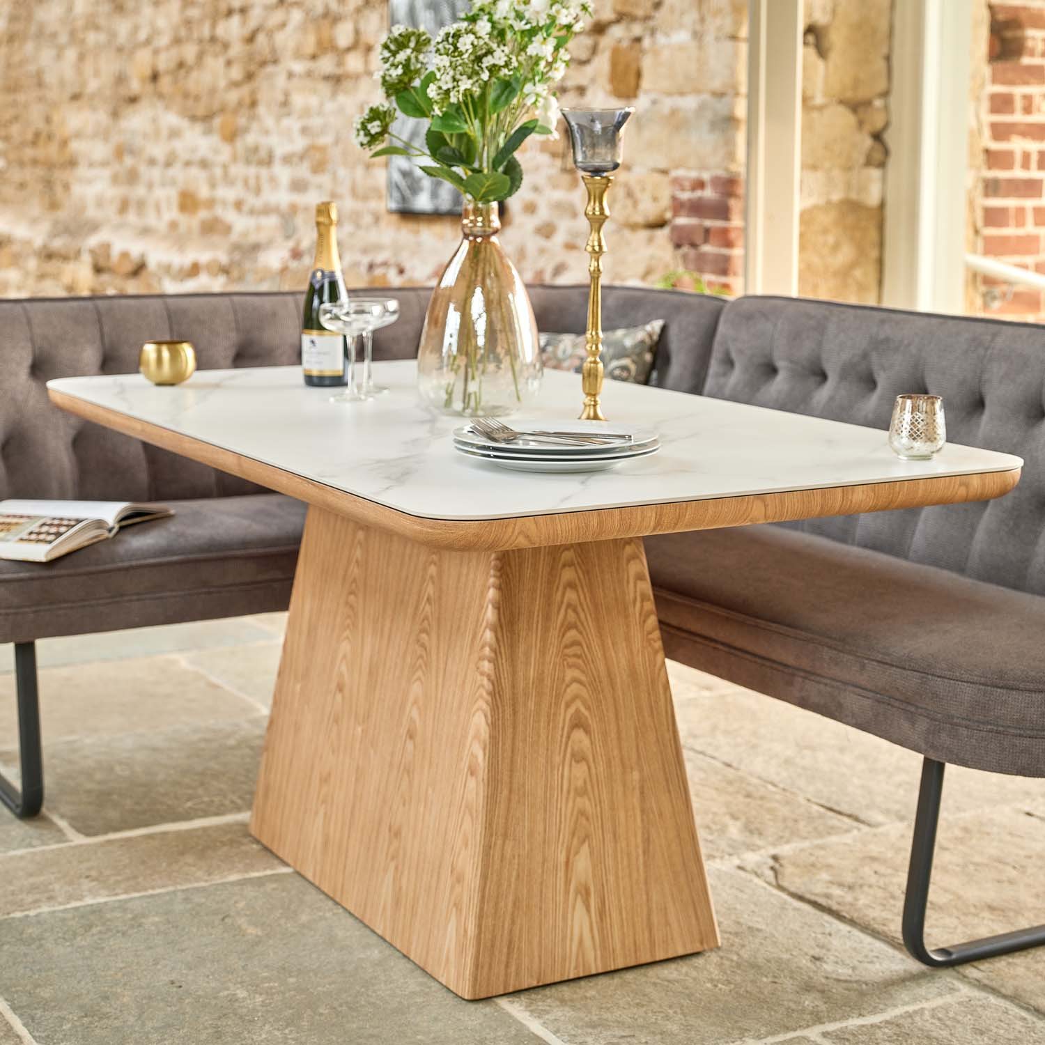 Woods Sutton 160cm Dining Table - Ash with Frampton Corner Bench RHF & Flat Bench in Anthracite ...