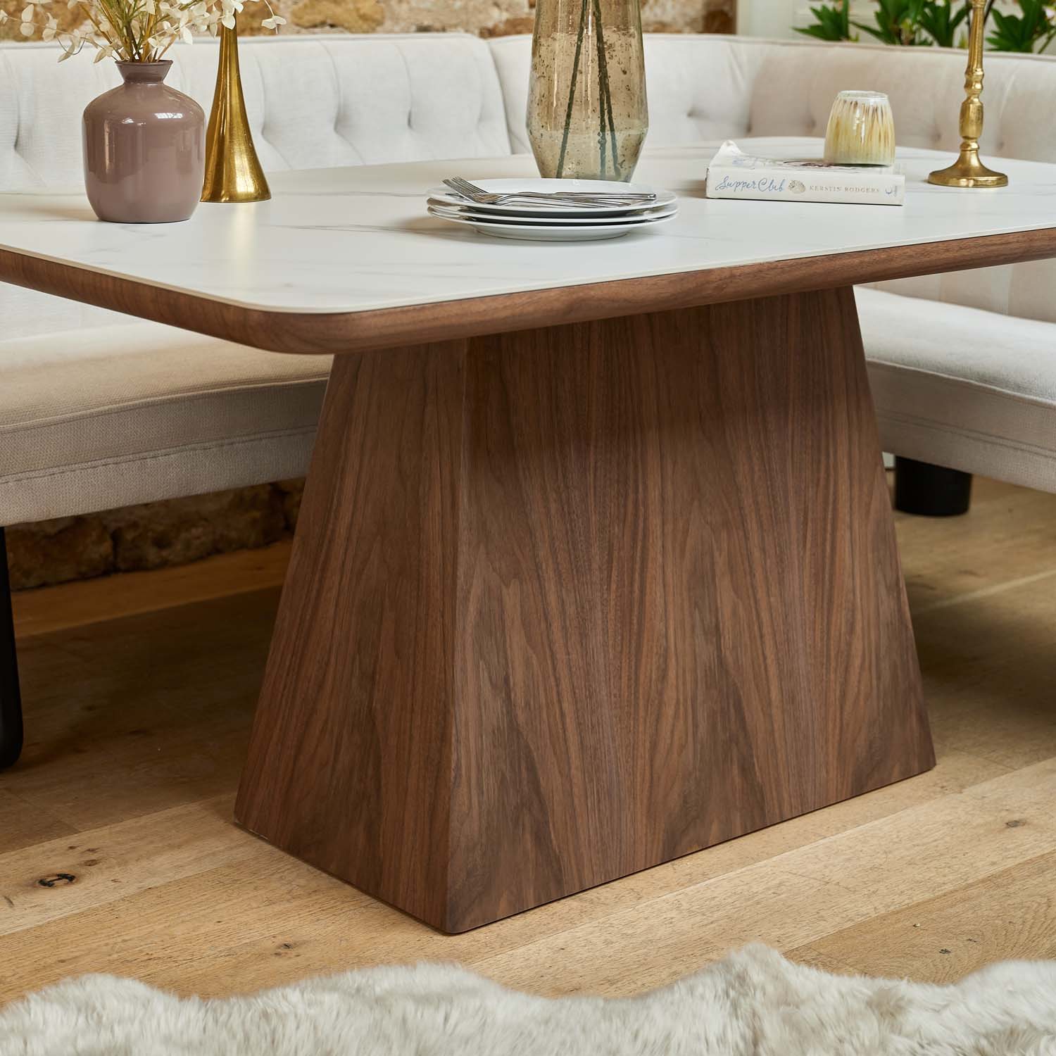 Woods Sutton 160cm Dining Table - Walnut with Frampton Corner Bench RHF & Flat Bench in White ...