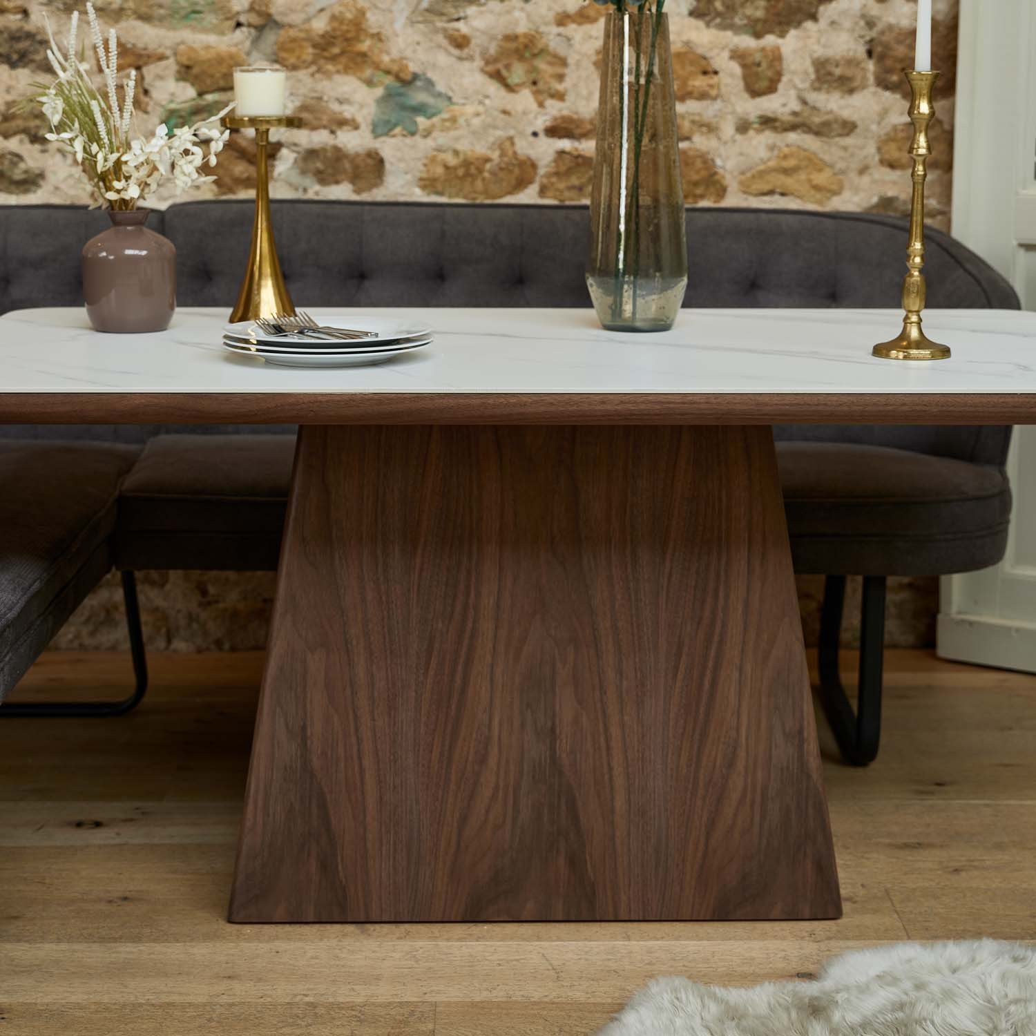 Woods Sutton 160cm Dining Table - Walnut with Frampton Corner Bench RHF & Flat Bench in ...