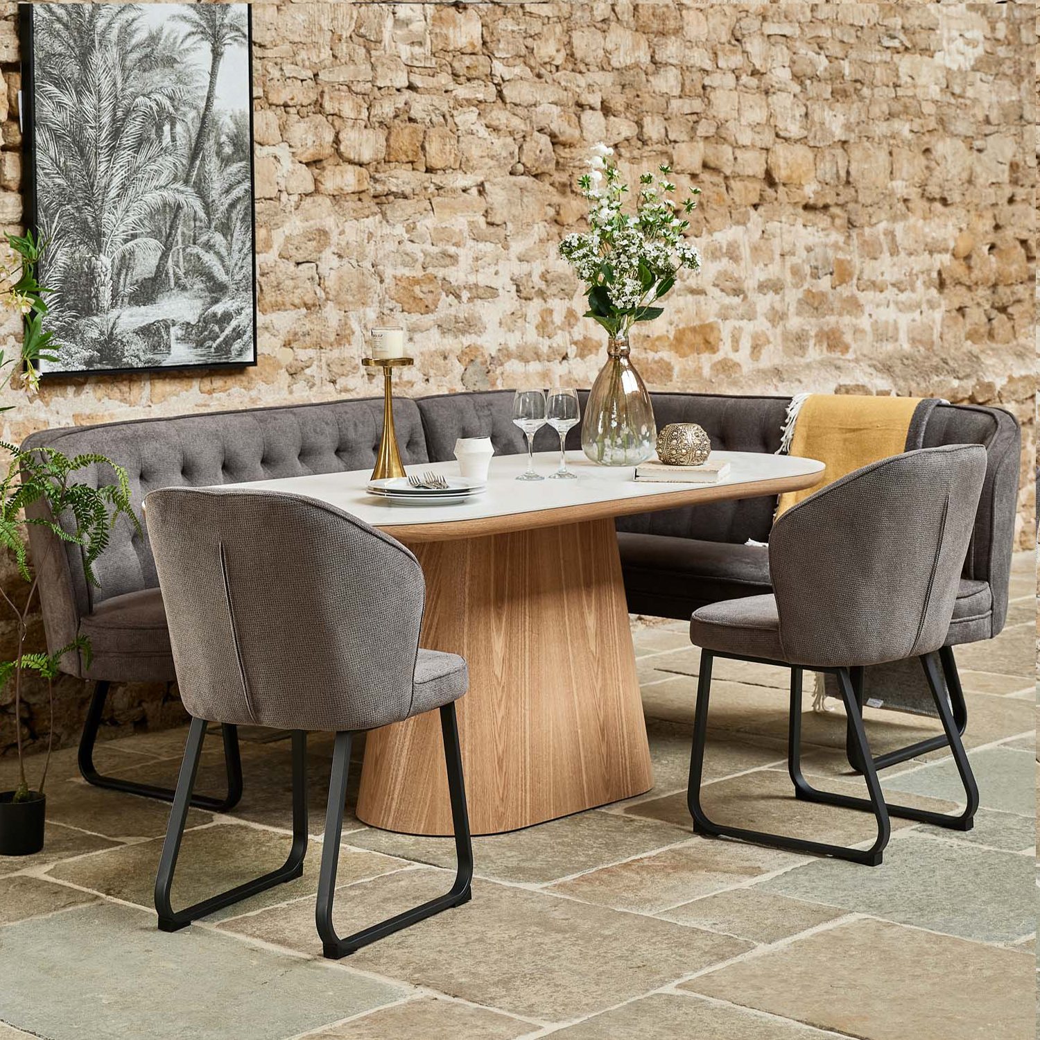 Sutton 200cm Dining Table - Ash with Frampton Corner Bench LHF & 2x Frampton Chairs in ...