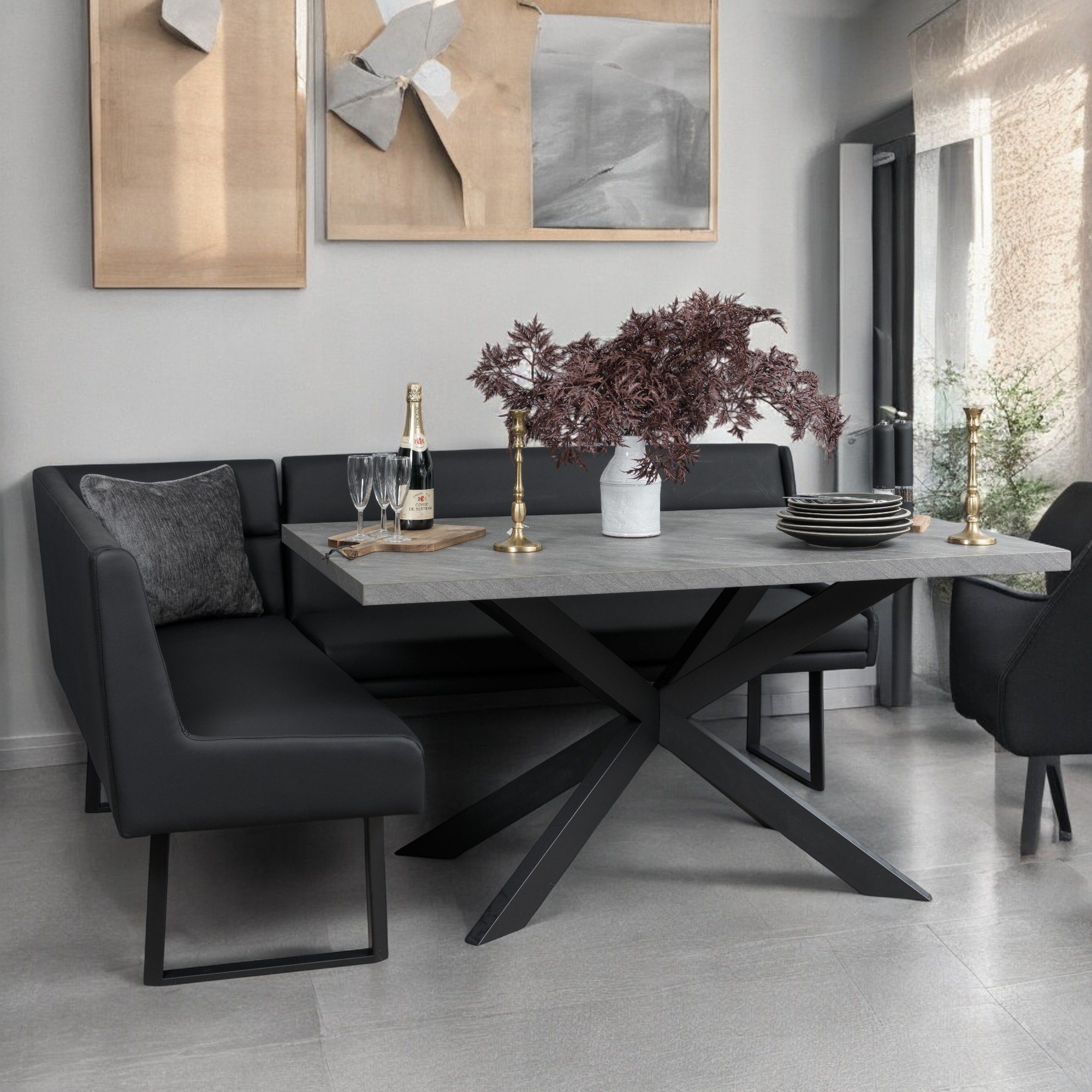Woods Jupiter 180cm - Faux Concrete - Dining Table & RHF Corner Bench in Black - Woods Furniture