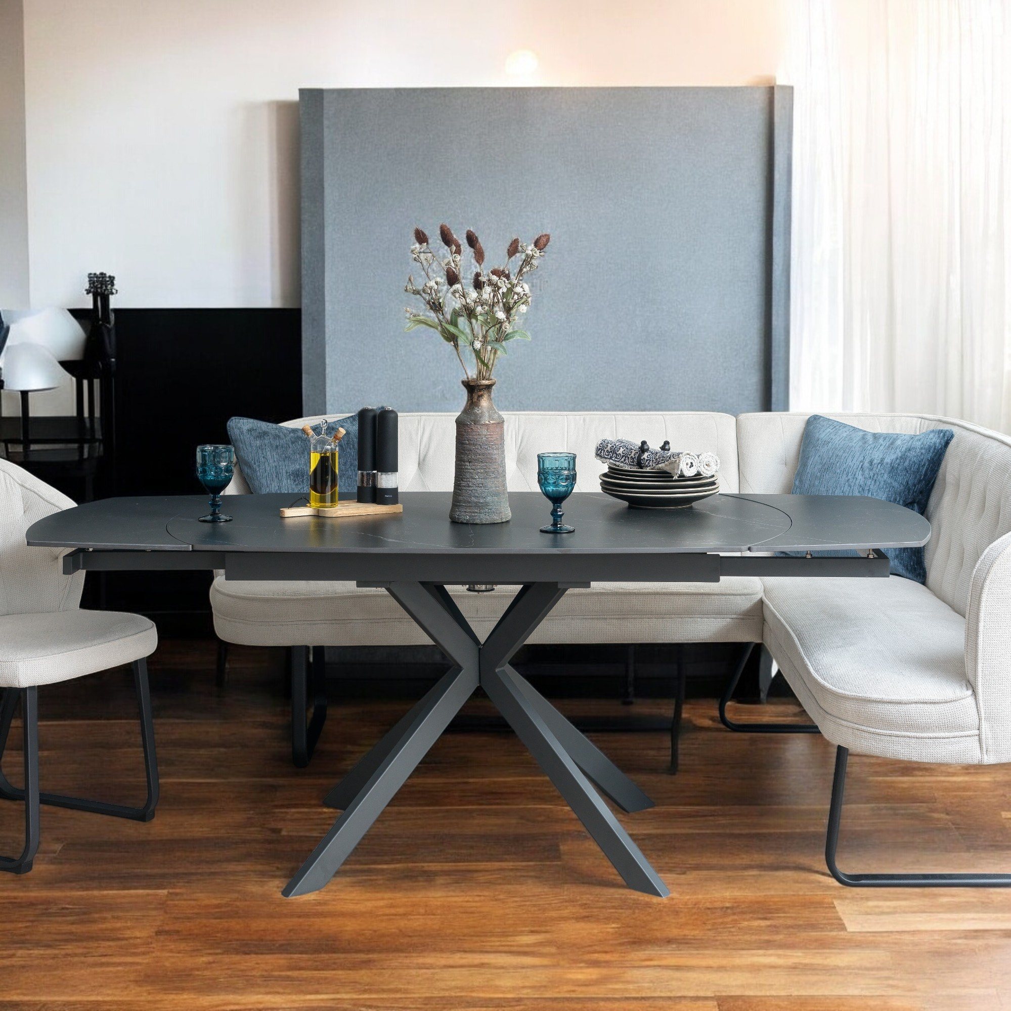 Woods Toscana Motion Table Black with LHF Frampton Corner Bench and 2 ...