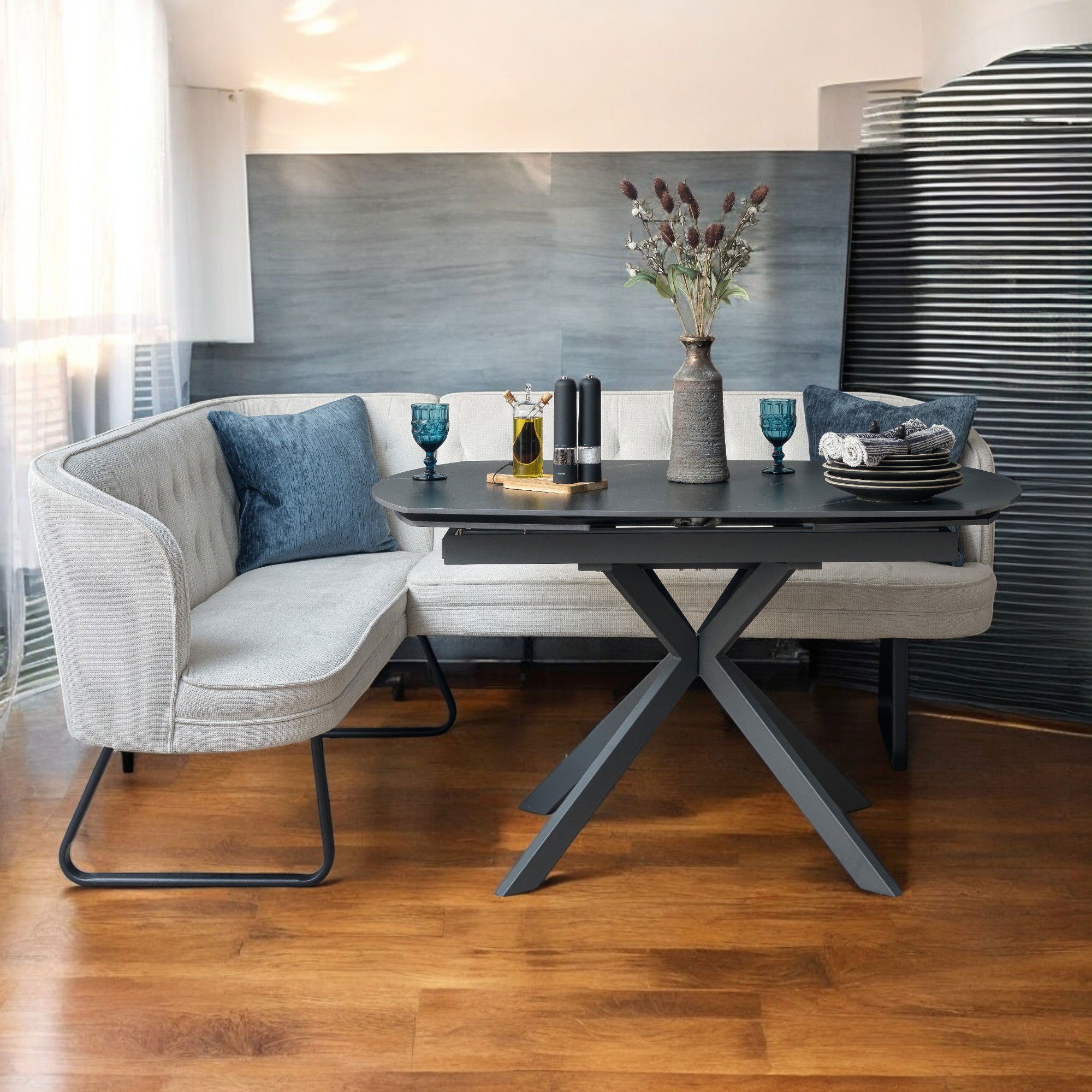 Woods Toscana Motion Table Black with RHF Frampton Corner Bench and 2 ...