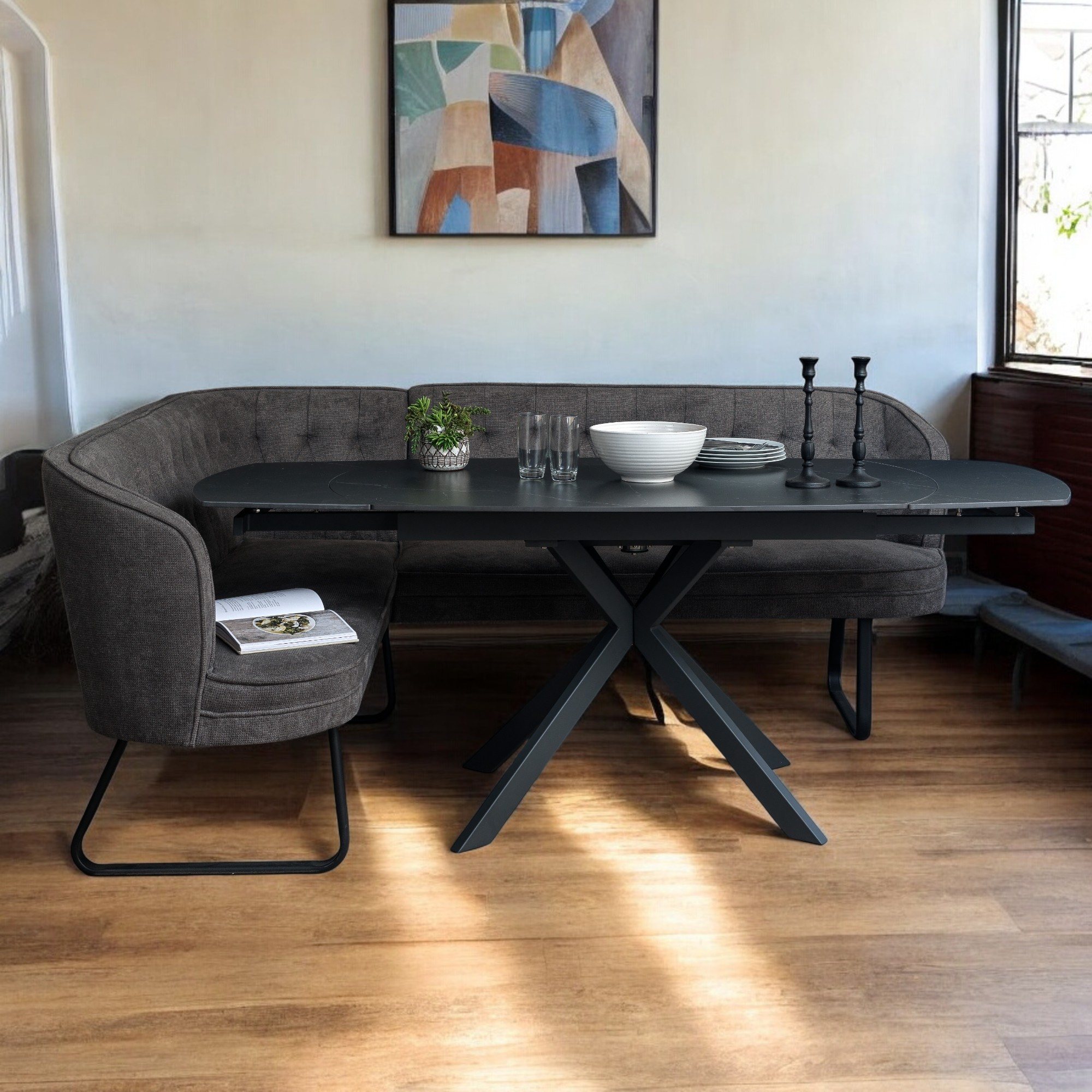 Woods Toscana Motion Table Black with RHF Frampton Corner Bench in ...