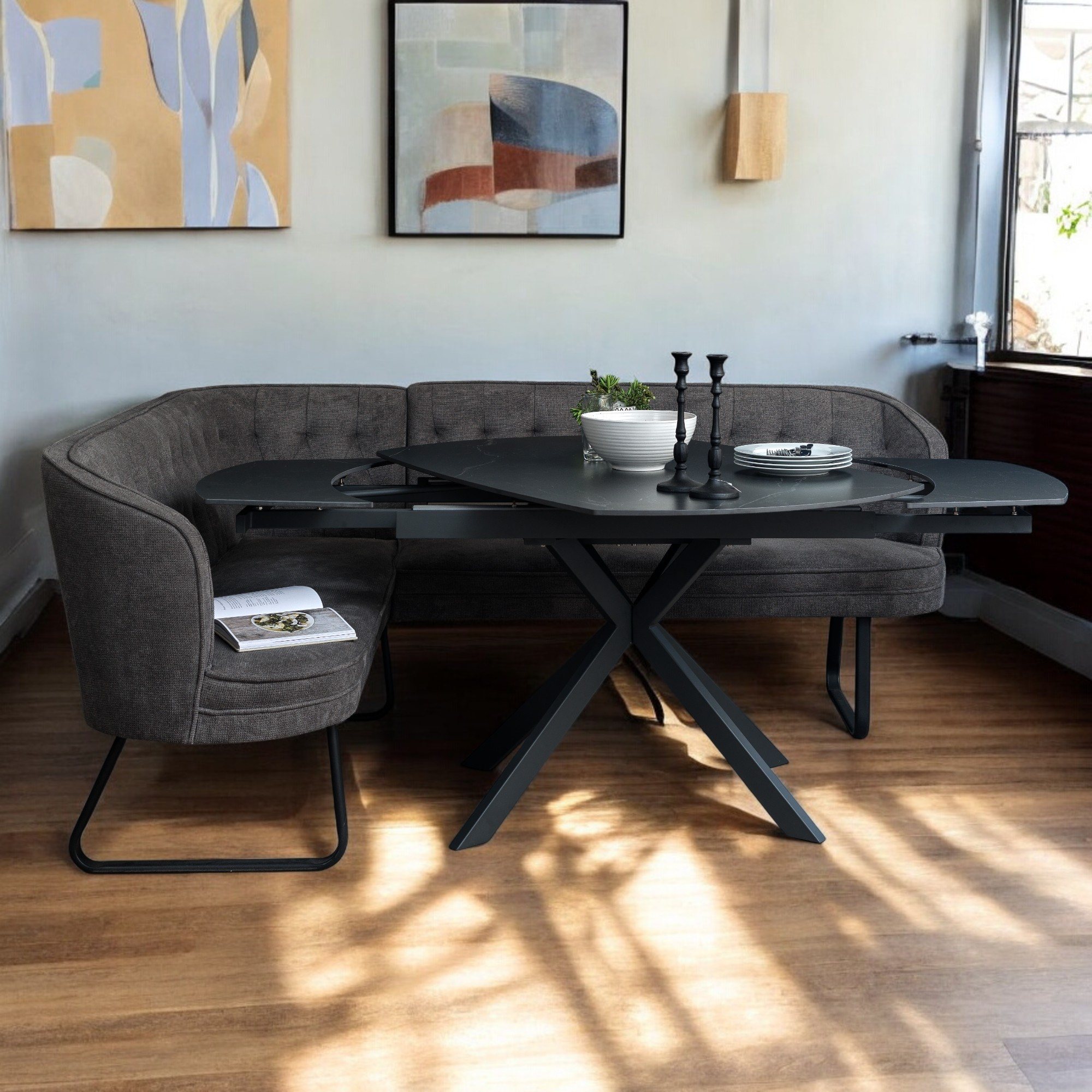 Woods Toscana Motion Table Black with RHF Frampton Corner Bench in ...