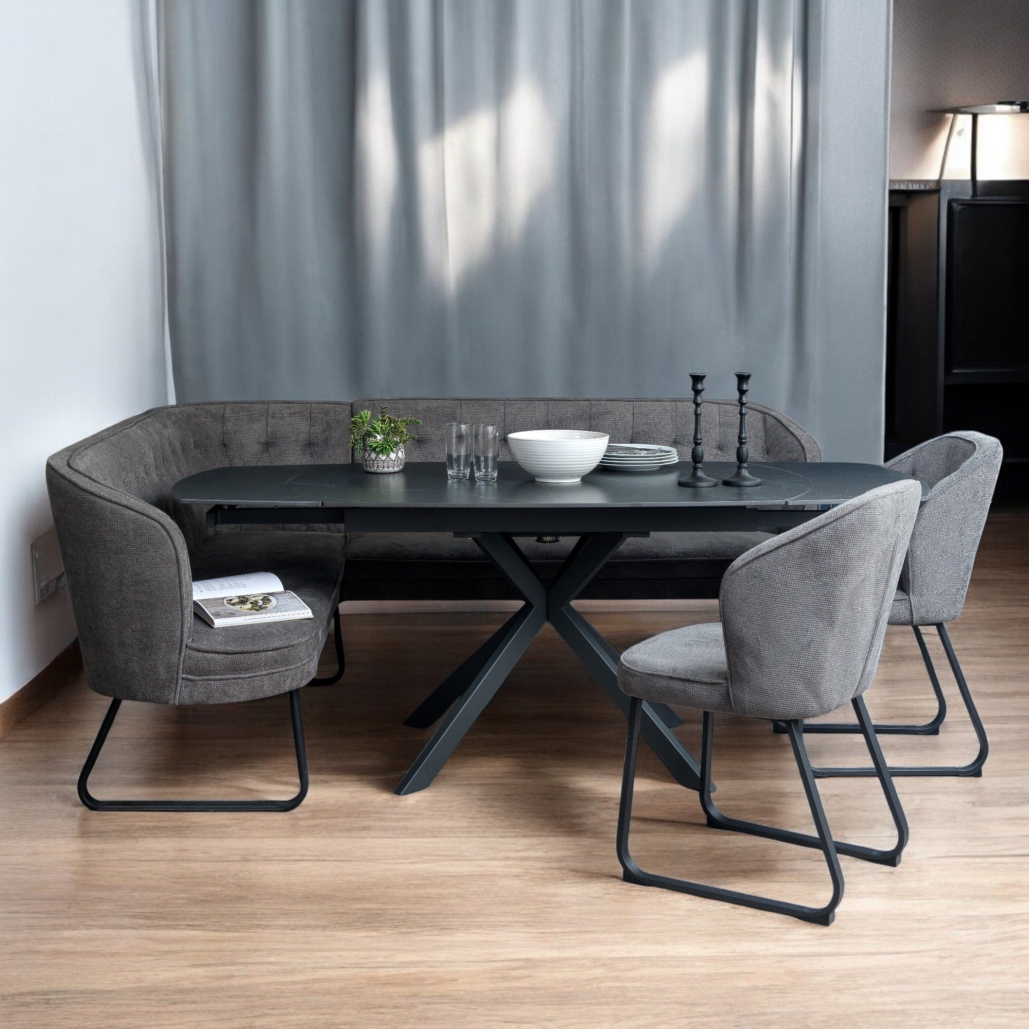 Woods Toscana Motion Table Black with RHF Frampton Corner Bench and 2 ...