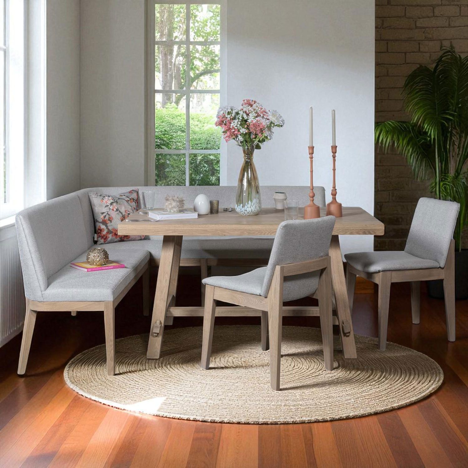 Woods Hampton 150cm Dining Table & Hampton Corner Bench RHF with 2x Chairs in Grey - Woods Furniture