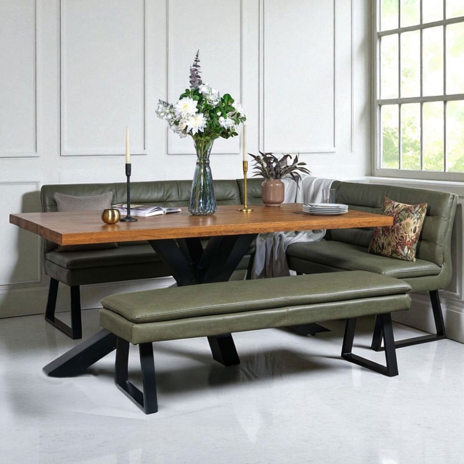 Woods Soho 200cm Dining Table with Industrial Corner Bench & Bench Seat in Olive - Woods Furniture