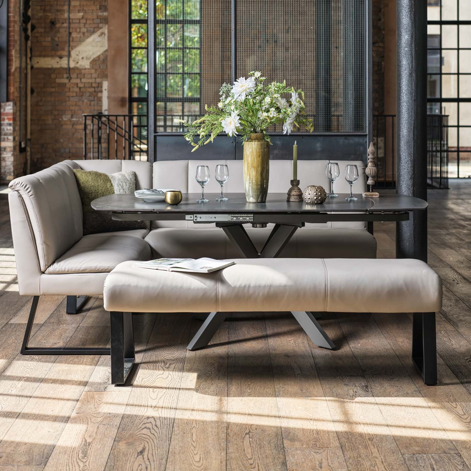 Woods Saturn 130-190cm Motion Table Dark Grey & Sonoma Corner Bench ...