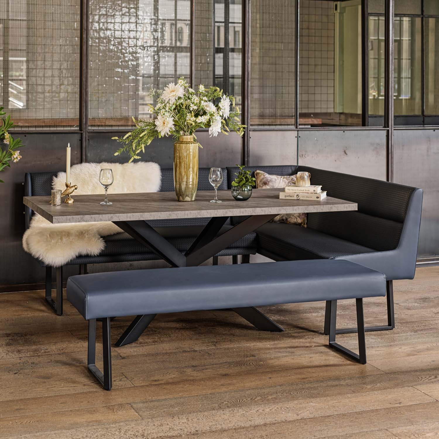 Woods Jupiter Dining Set - Faux Concrete - With LHF Corner Bench & Low ...