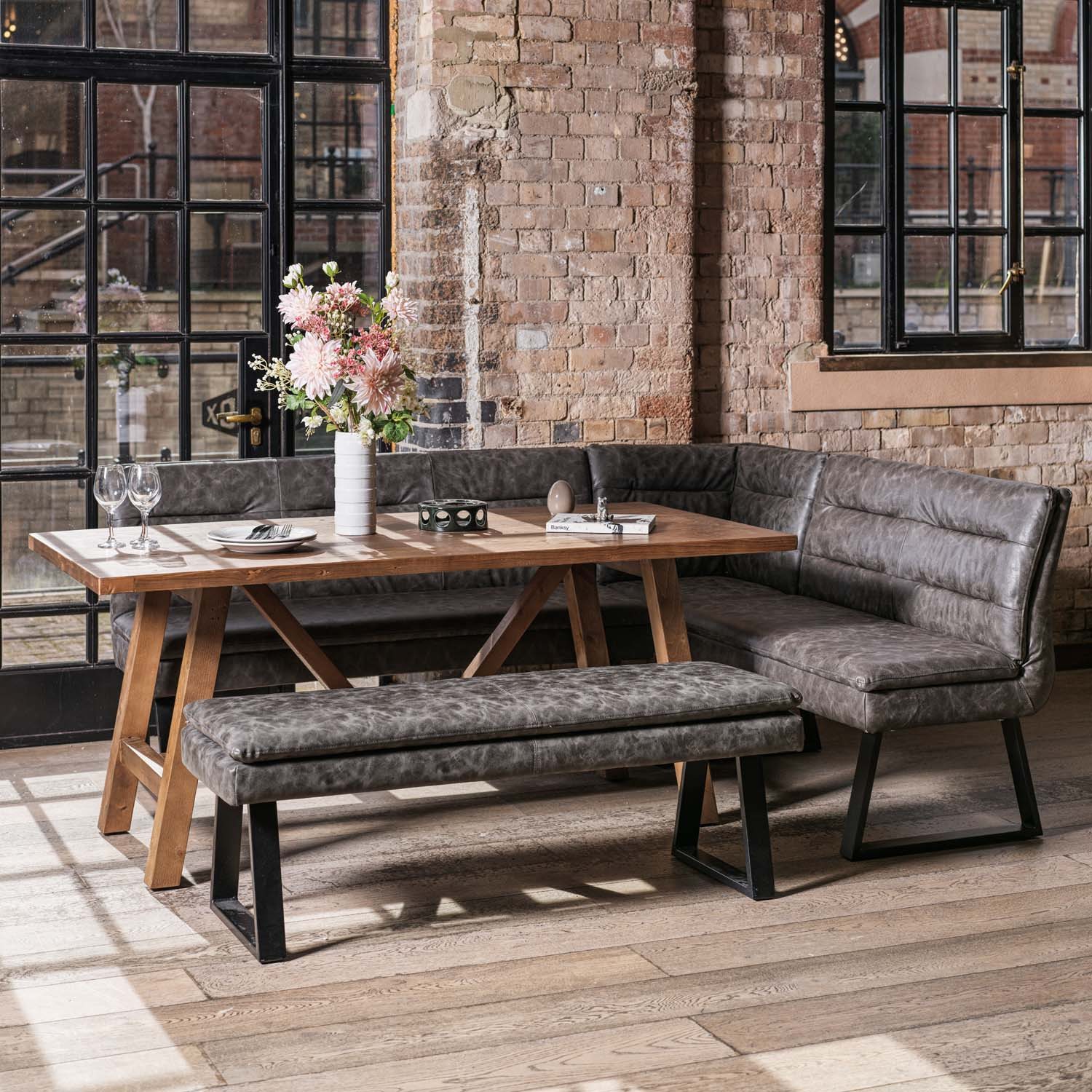 Woods Brisbane 180cm Dining Table & Industrial Corner Bench with Low ...