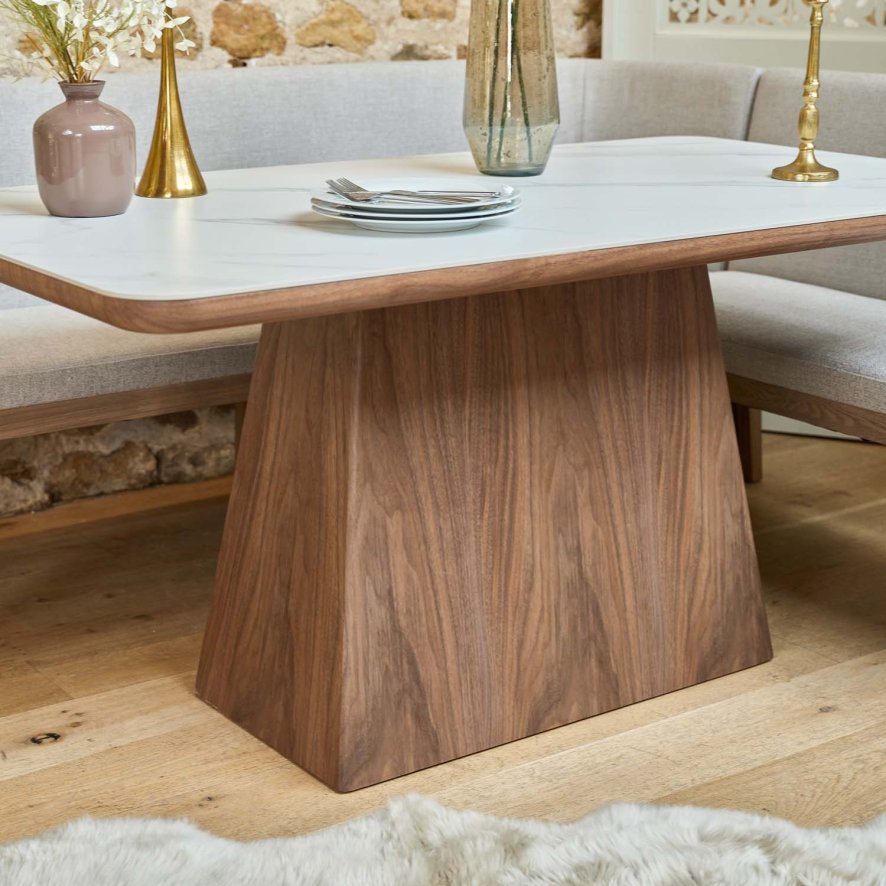 Woods Sutton 160cm Dining Table - Walnut with Hampton Corner Bench in Grey RHF - Woods Furniture