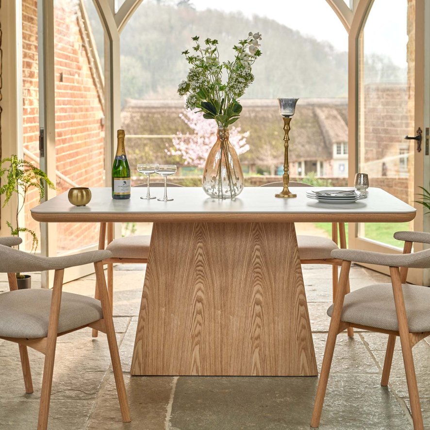Woods Sutton 160cm Dining Table - Ash with 6x Albi Chairs in Beige with Oiled Oak Legs - Woods ...